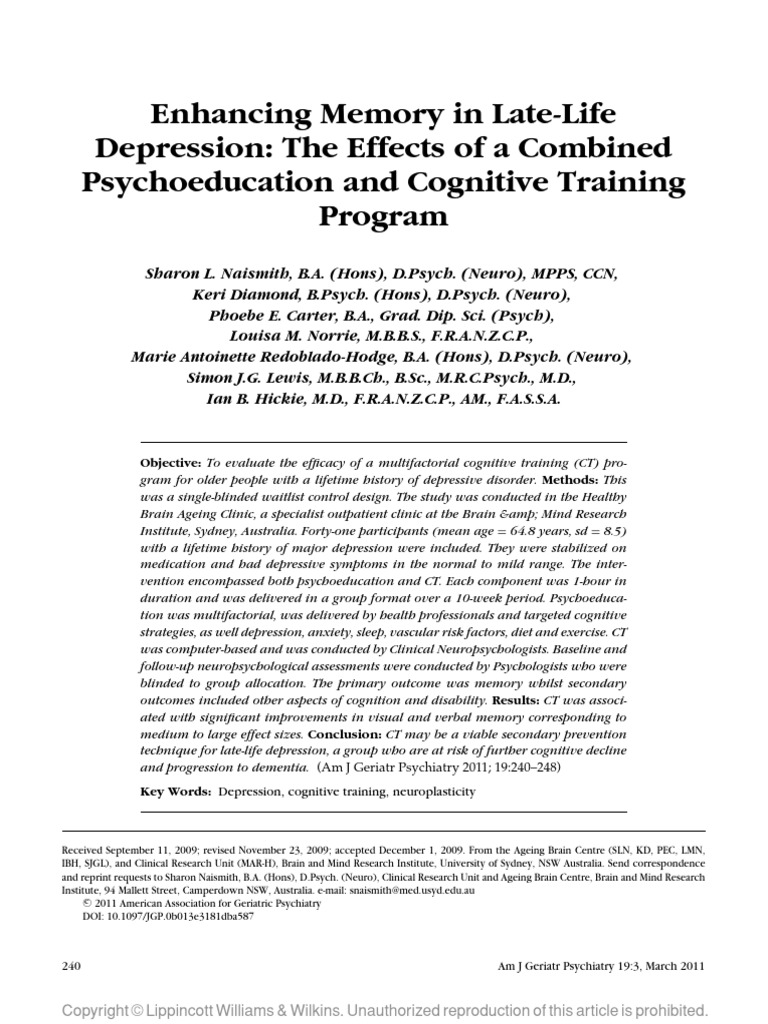 Enhancing Memory in Late-Life Depression The Effects of A Combined Psychoeducation and Cognitive ...