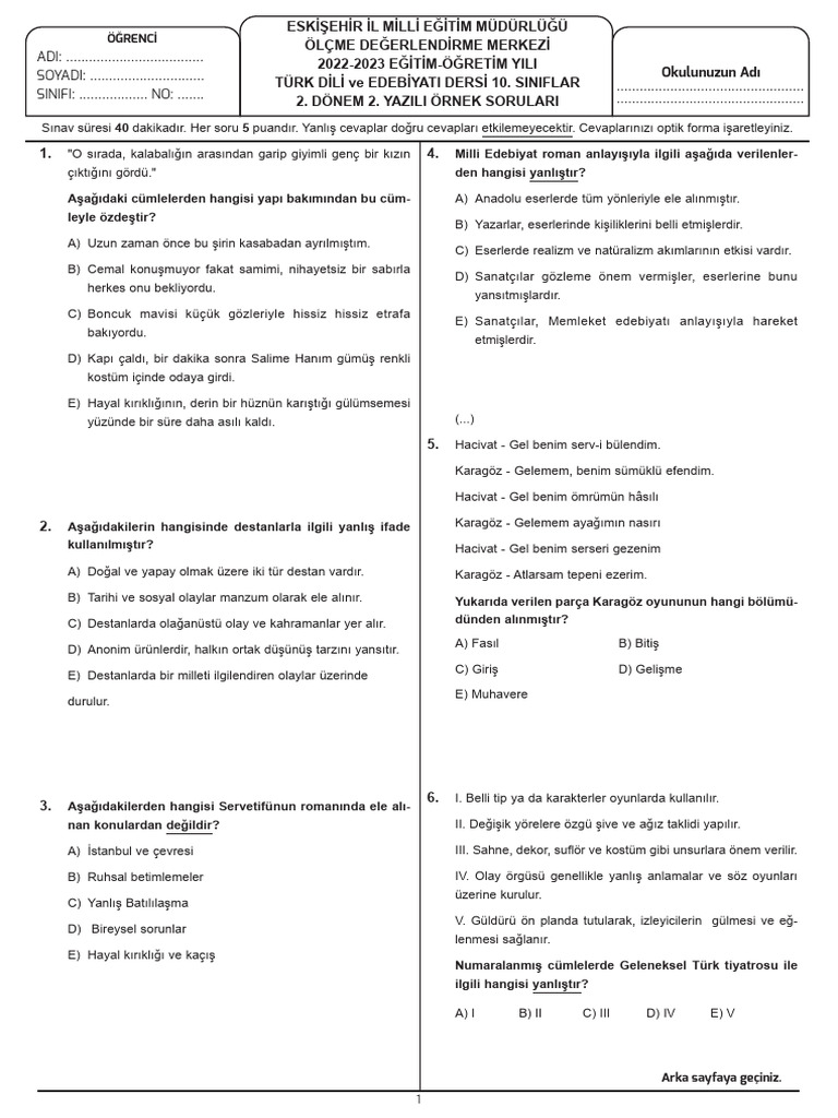 Sinif Edebiyat 2. Donem 2. Yazili Sorulari Ve Cevaplari | PDF