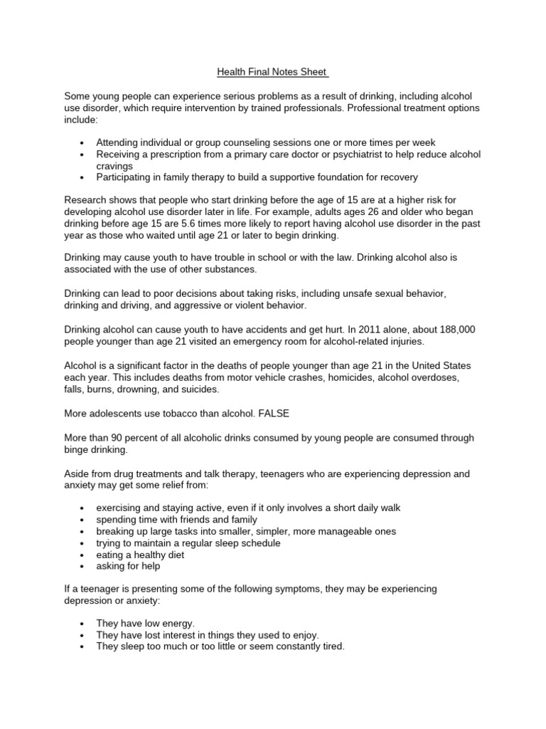 Health Final Notes Sheet | PDF | Alcoholism | Anxiety