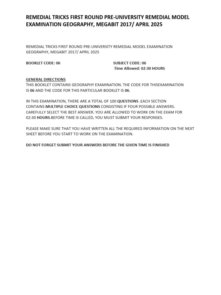 Geography Remedial Exam Model 2025 | PDF | Geography | Rain