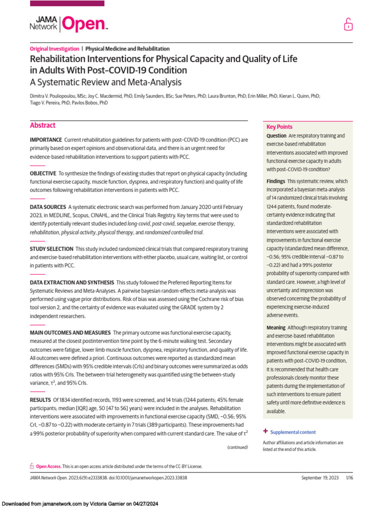 Rehabilitation Interventions For Physical Capacity and Quality of Life ...