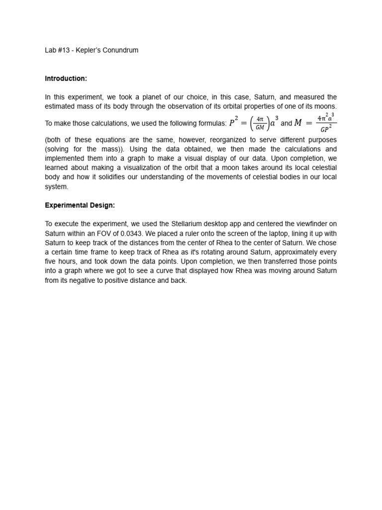 Lab #13 - Kepler's Conundrum | PDF | Saturn | Natural Satellite