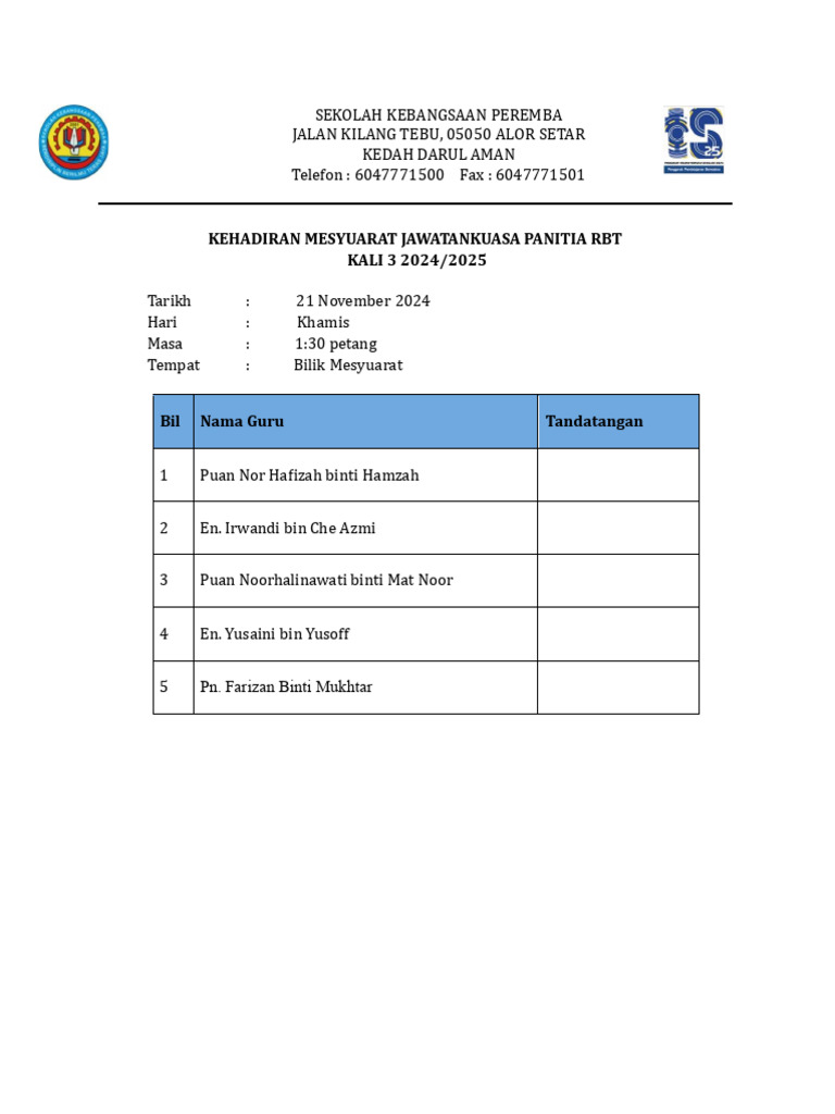 Surat Panggilan Mesyuarat RBT 2024 Kali 3 | PDF