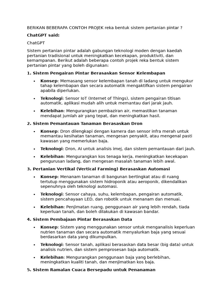 BERIKAN BEBERAPA CONTOH PROJEK reka bentuk sistem pertanian pintar | PDF