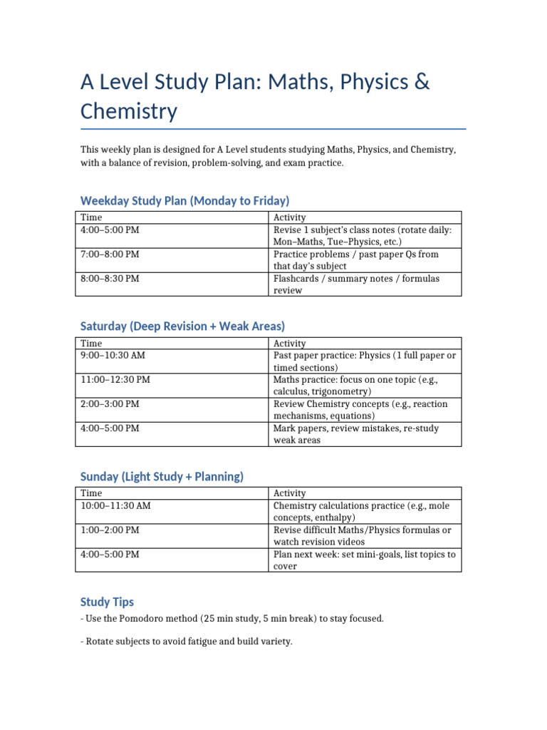 A Level Study Plan for Science Success | PDF