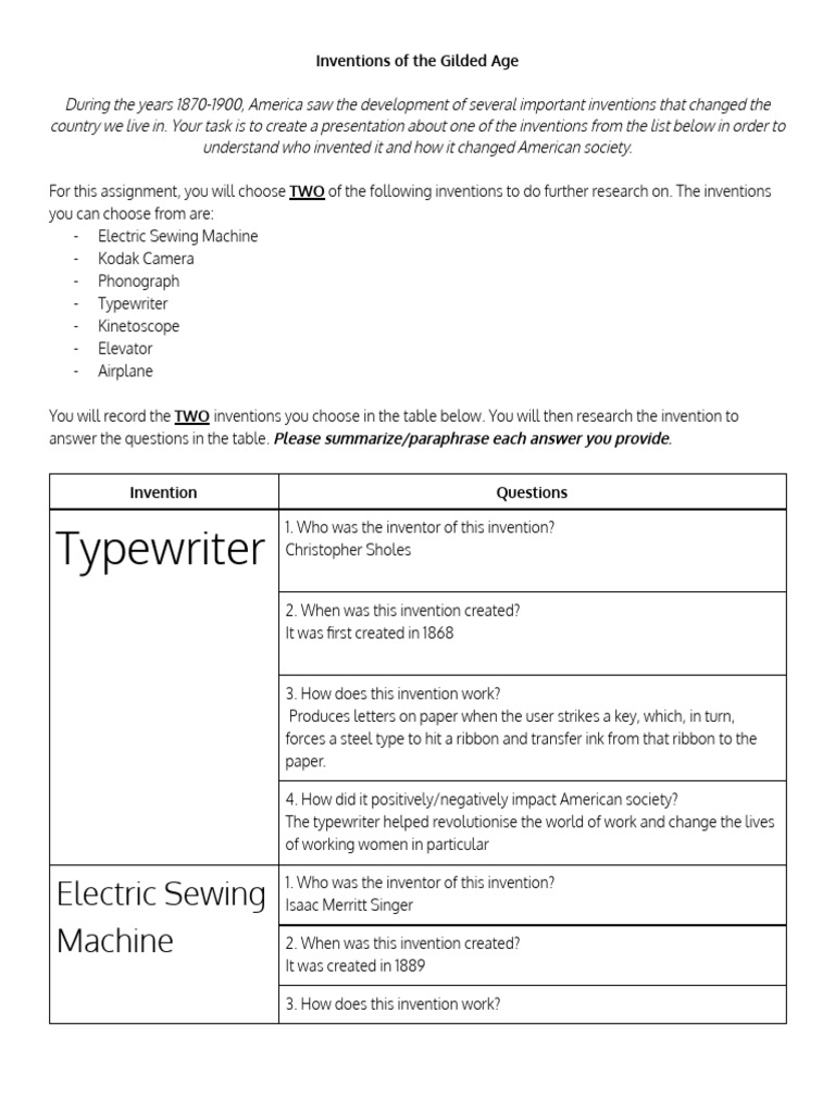 Inventions of The Gilded Age - 5938103 | PDF | Sewing Machine | Typewriter