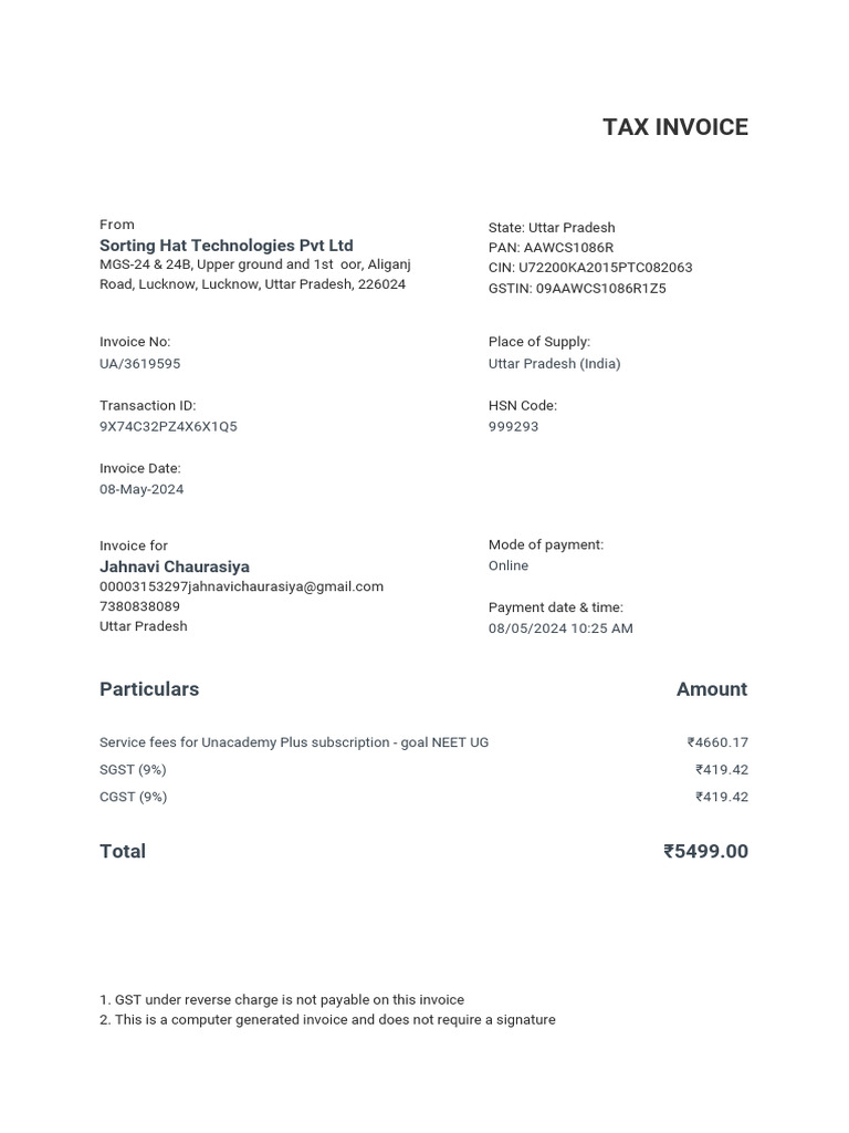 Unacademy Invoice UA/3619595 | PDF
