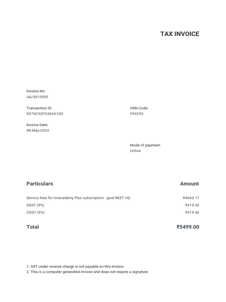 Unacademy Invoice PDF | PDF