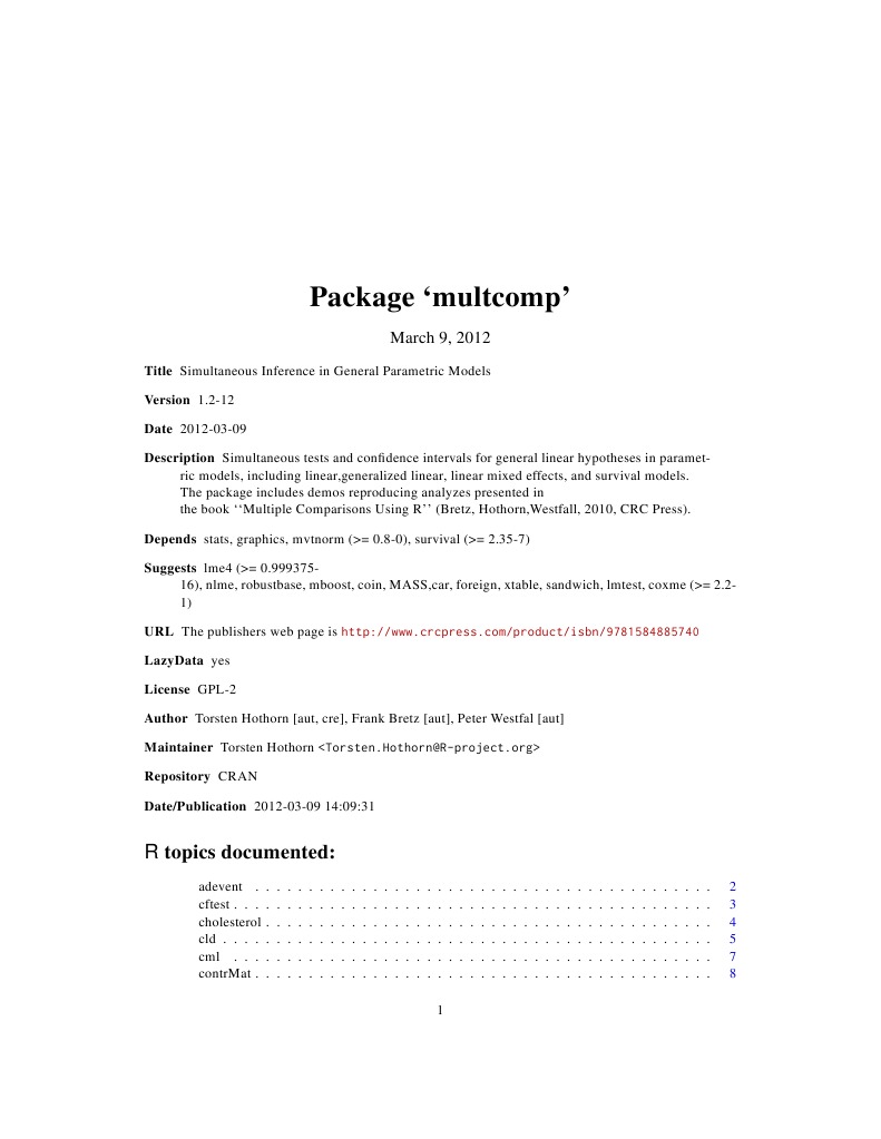 Package Multcomp': R Topics Documented | PDF | Analysis Of Variance | Degrees Of Freedom ...