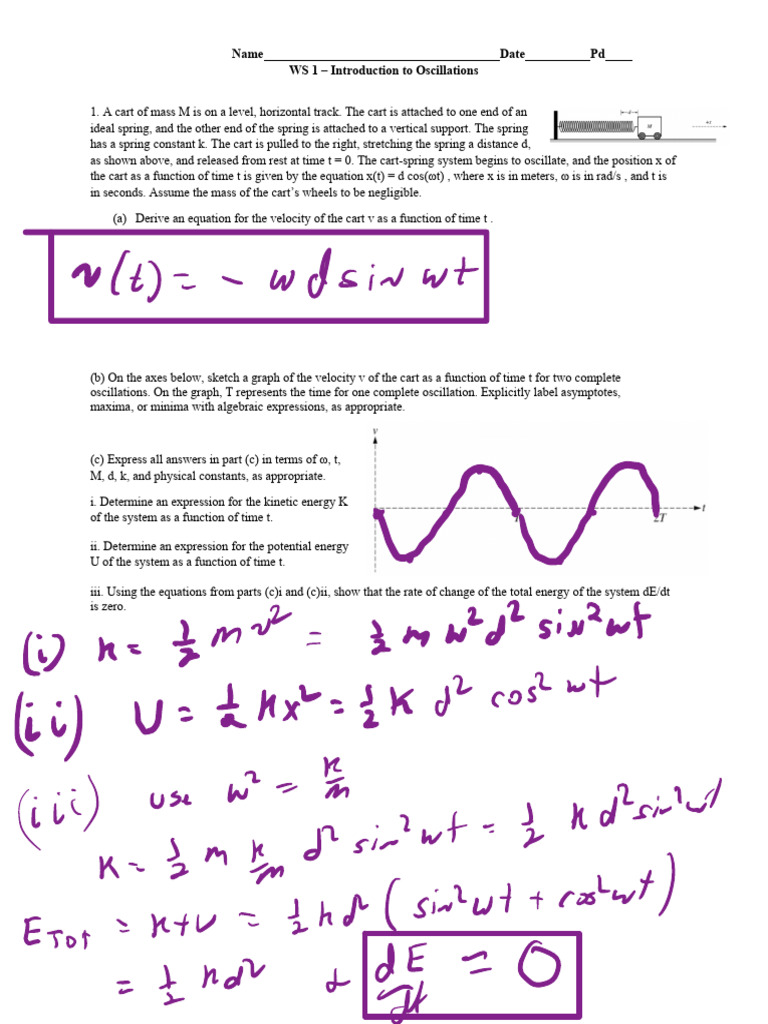 WS 8.1A - Intro To Oscillations - Springs ANSWERS | PDF | Motion (Physics) | Physics
