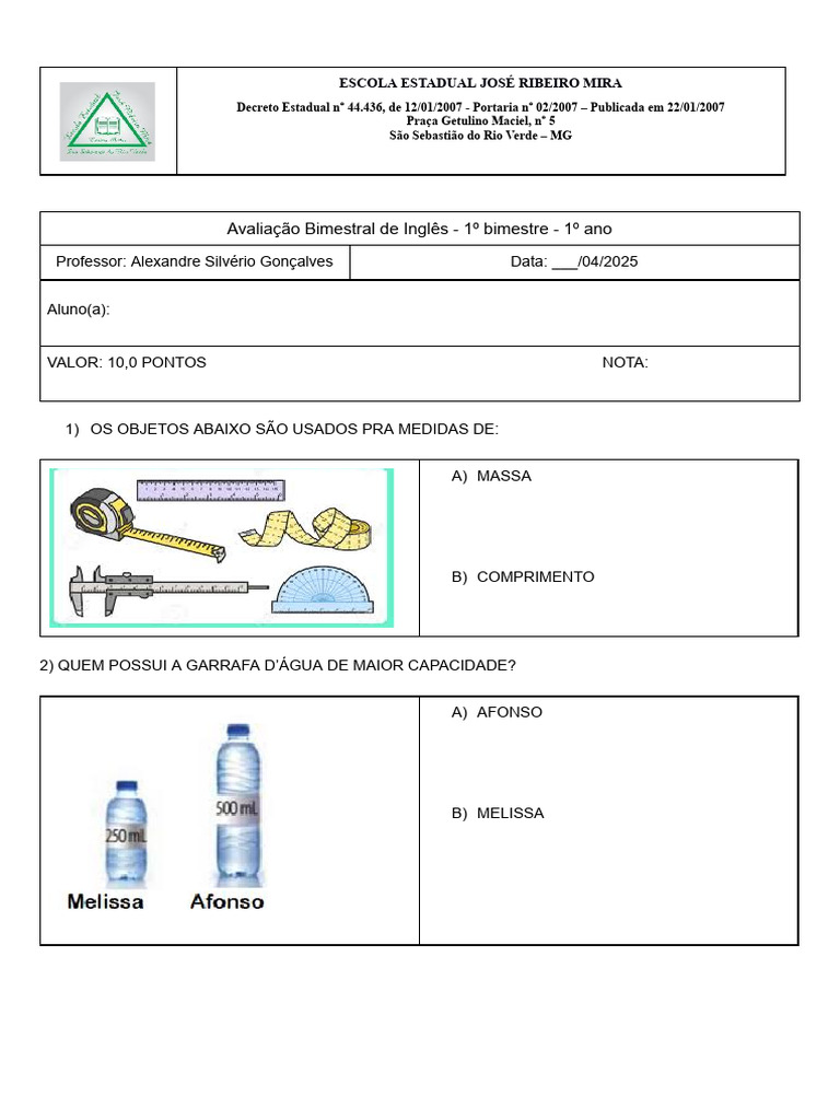 Avaliação de Inglês - 1º Bimestre 1º Ano | PDF | Sistema de coordenada ...
