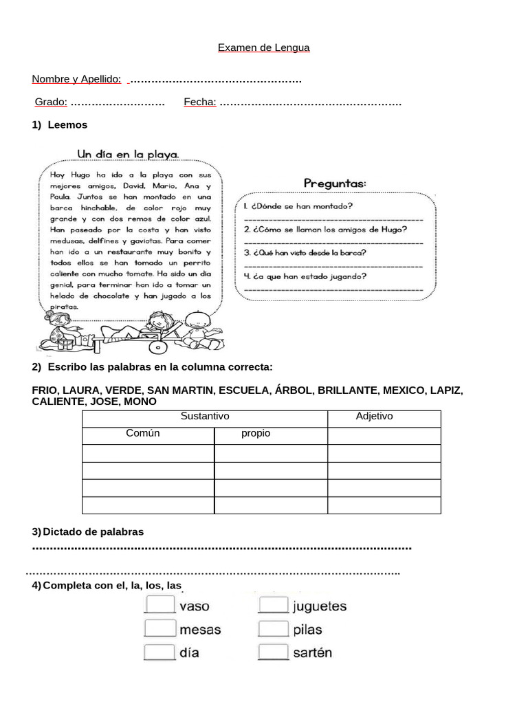 Examen de Lengua 3° Grado | PDF