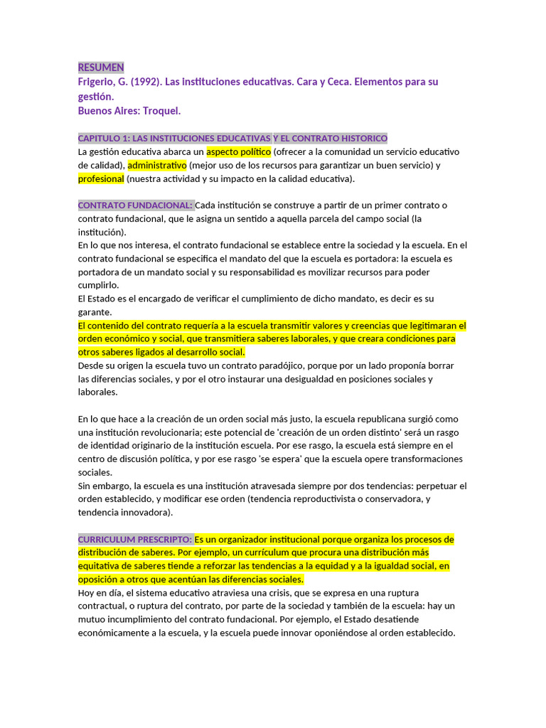 RESUMEN Frigerio Poggi Las Instituciones Educativas Cara y Ceca | PDF | Institución | Plan de ...