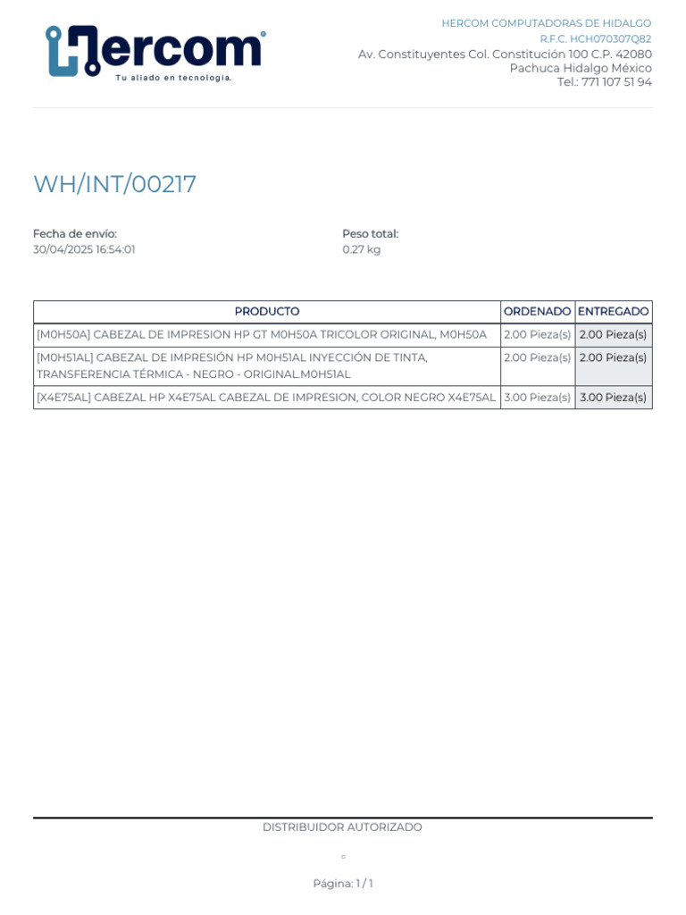 Recibo de Entrega - WH - INT - 00217 | PDF