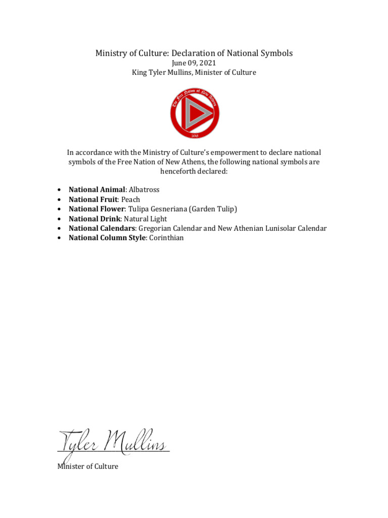 2021-06-09 Ministry of Culture - Declaration of National Symbols | PDF
