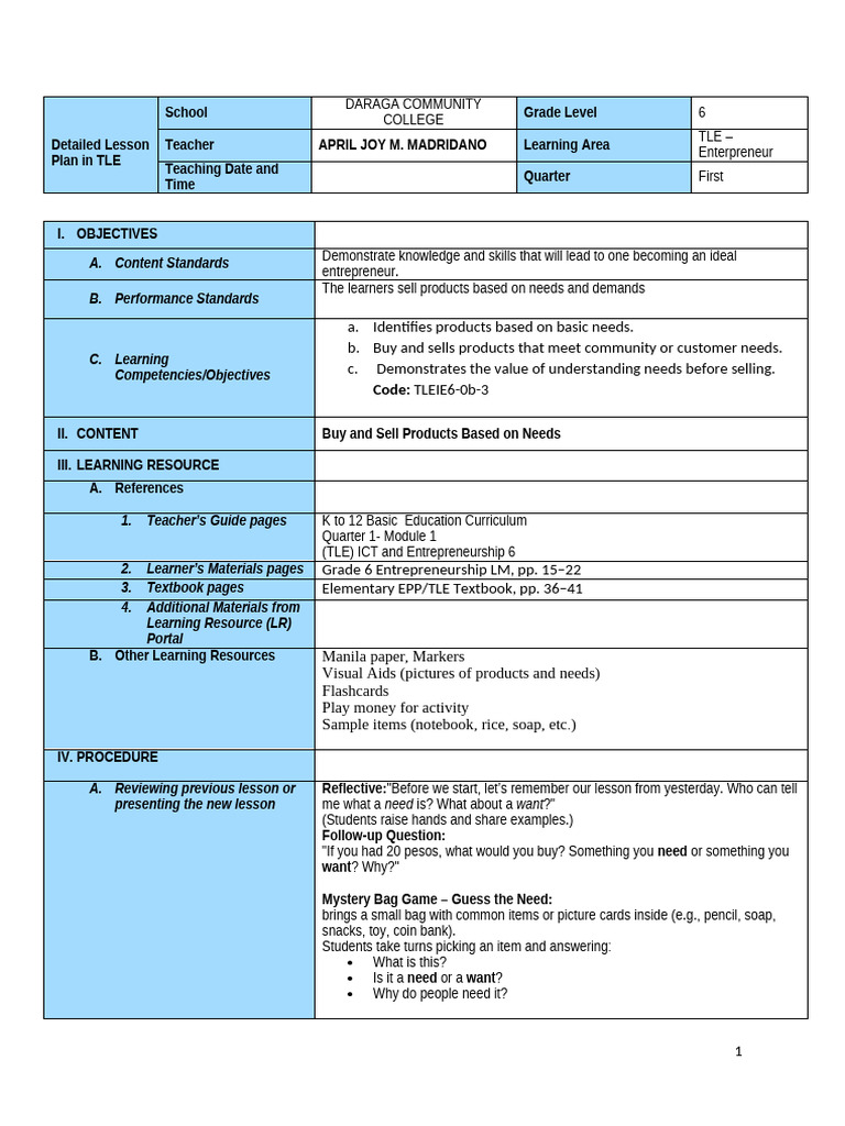 DLP-CO-TLE-ENTREPRENEUR6 - OROSCO - Docx-Final | PDF | Learning | Entrepreneurship