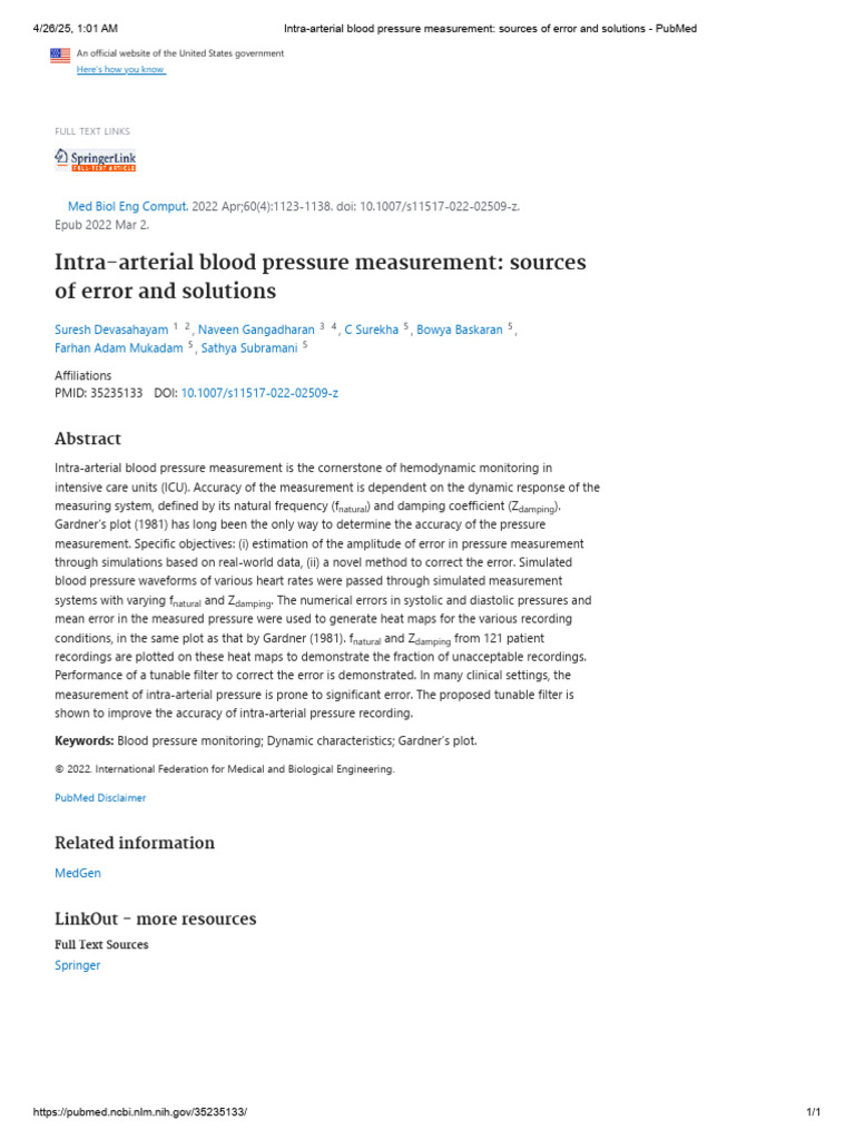 Intra-Arterial Blood Pressure Measurement - Sources of Error and ...