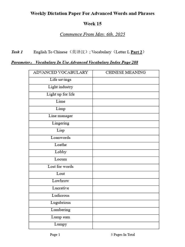 (Week 15 From May 6th) Weekly Dictation Paper For Advanced Words and ...
