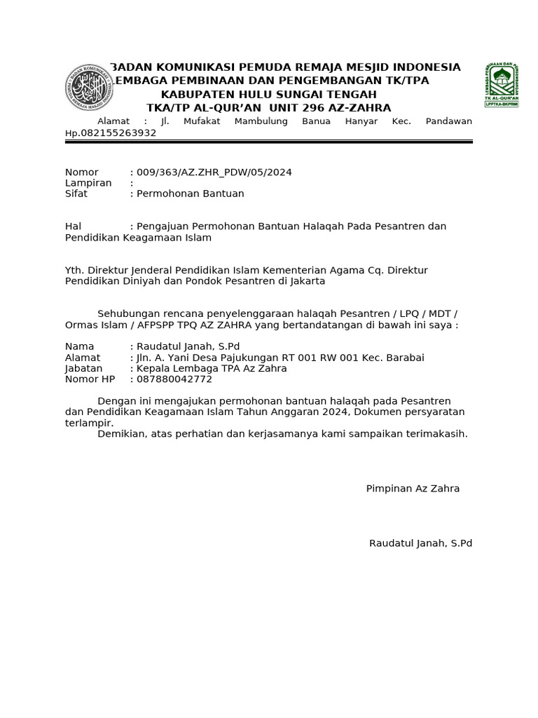 Surat Permohonan Dan Rab Halaqah | PDF