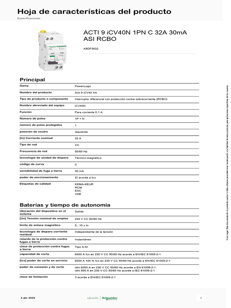 Schneider Electric_Acti9-iCV40_A9DF3632 | PDF | Corriente continua | Electricidad