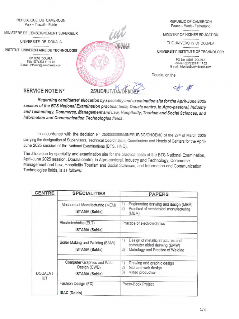 Repartition Candidats HND 2025 Centre Douala | PDF