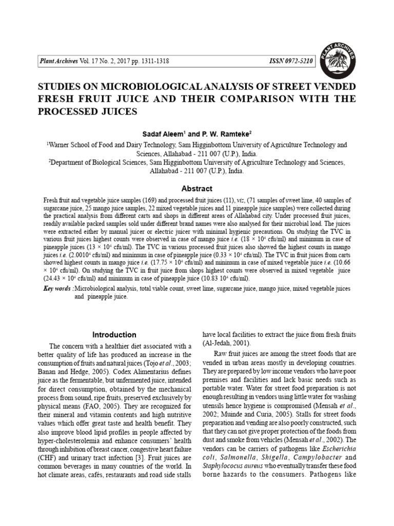 Sadaf Aleem Ramteke 2018 Studies On Microbiological Analysis of Street Vended Fresh Fruit Juice ...