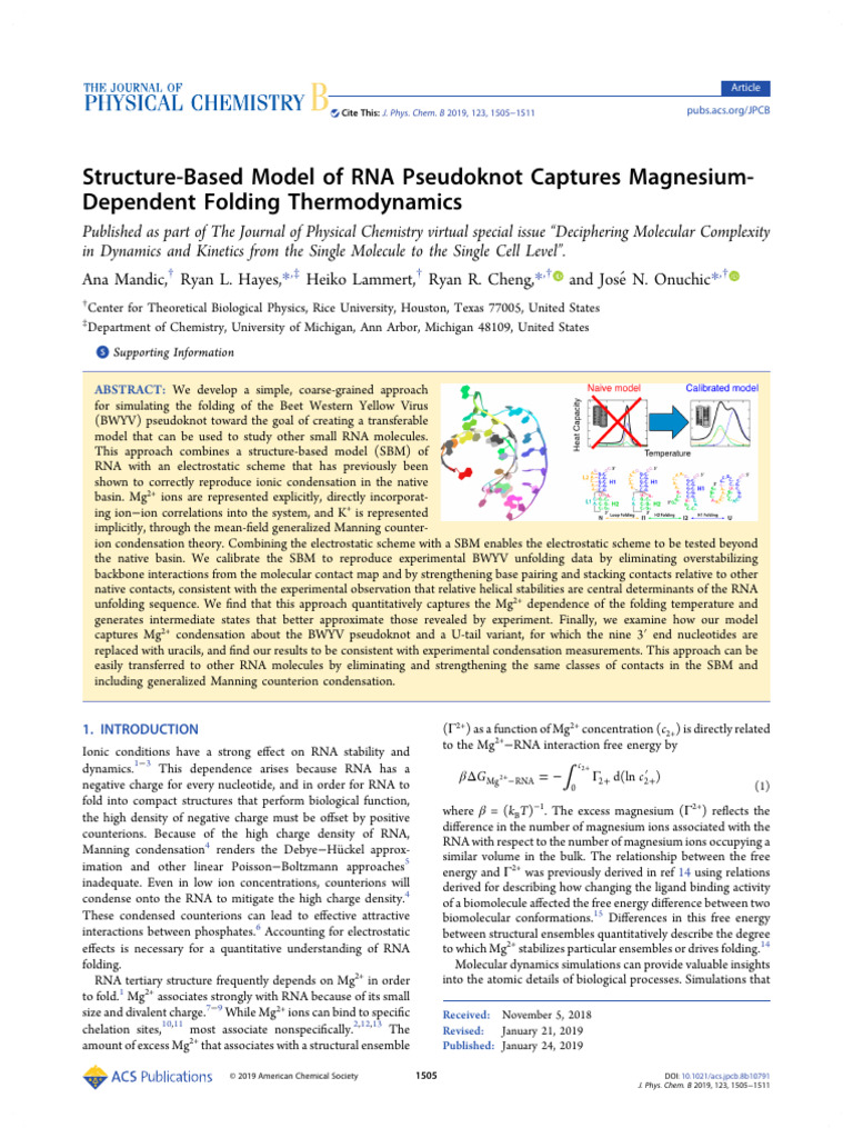 Mandic Et Al 2019 Structure Based Model of Rna Pseudoknot Captures Magnesium Dependent Folding ...