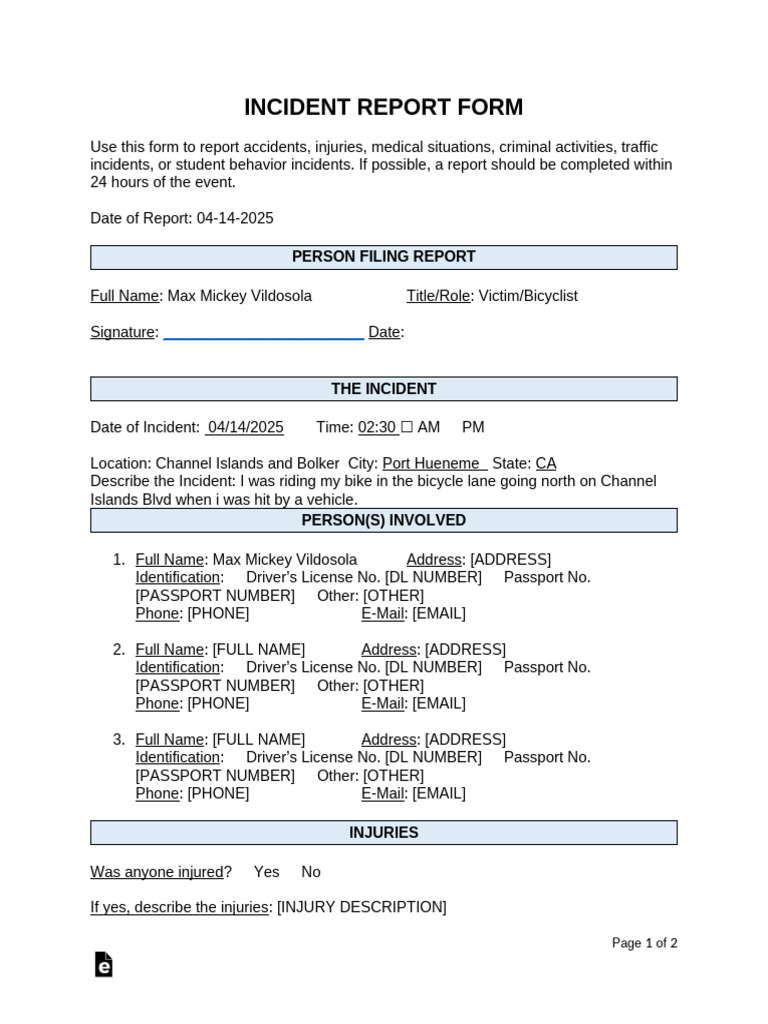 Bicycle Incident Report Form | PDF | Identity Document