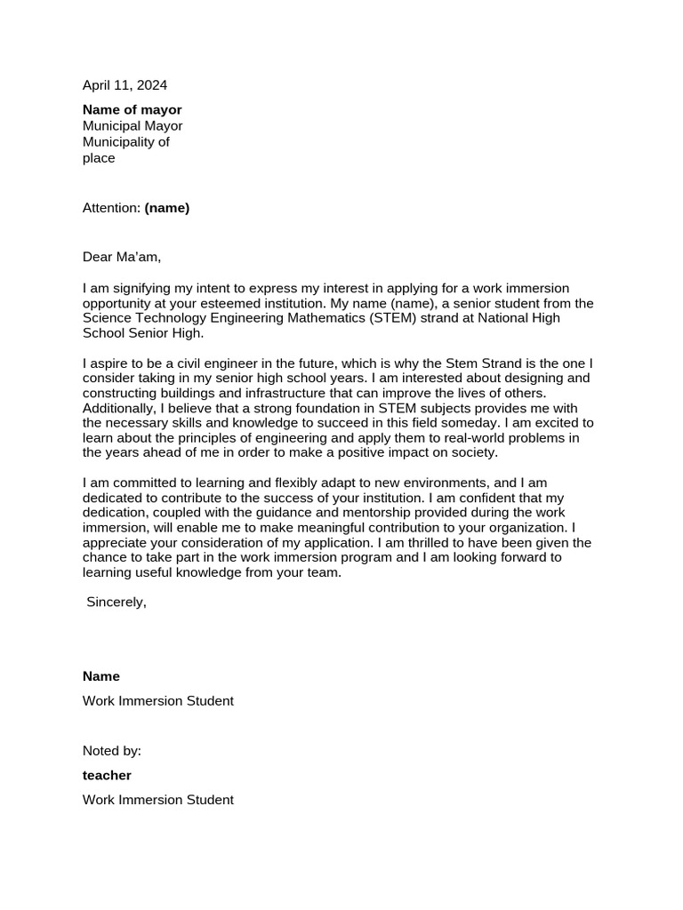 Aplication Letter For Work Immersion | PDF
