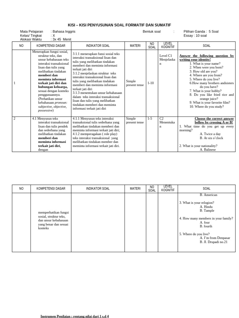 KISI Kisi Soal | PDF