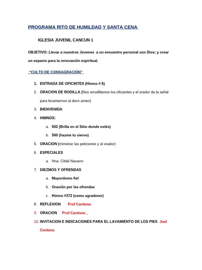 PROGRAMA RITO DE HUMILDAD Y SANTA CENA Iglesia Juvenil | PDF | Oración | eucaristía