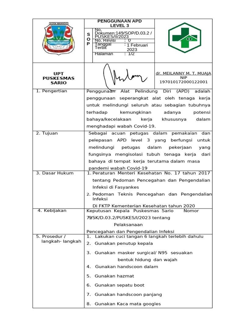 5.5.3.a SOP Penggunaan APD LEVEL 3 | PDF