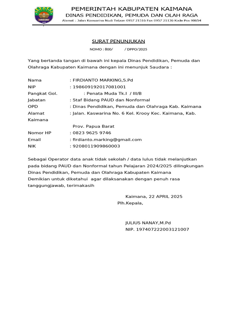 Penunjukan Operator Data PAUD 2025 | PDF