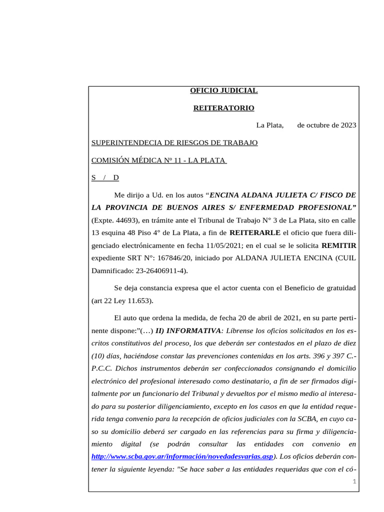 Oficio Judicial A SRT Reiteratorio | PDF | Justicia | Crimen y violencia