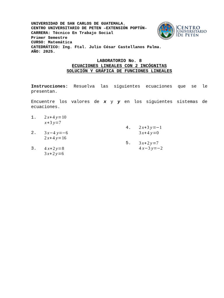 LABORATORIO No. 8 SISTEMA DE ECUACIONES CON 2 INCÓGNITAS Y FUNCIONES ...