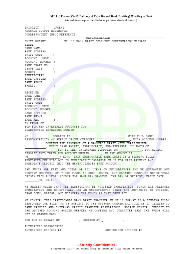 MT110 SWIFT Verbiage 1 Final - 284 | PDF | Banking | Money