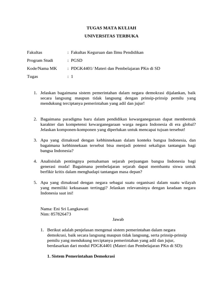 Tugas 1 Eni Sri langkawati Materi dan Pembelajaran PKn di SD | PDF