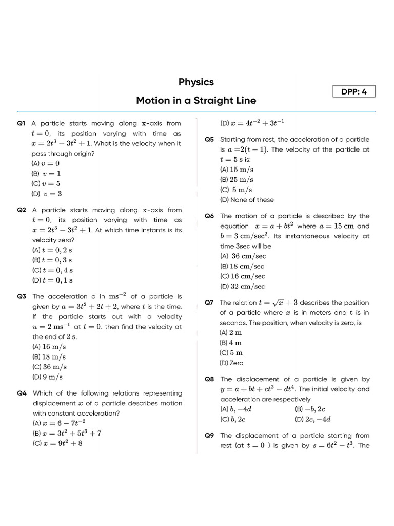 Motion in A Straight Line DPP 04 | PDF