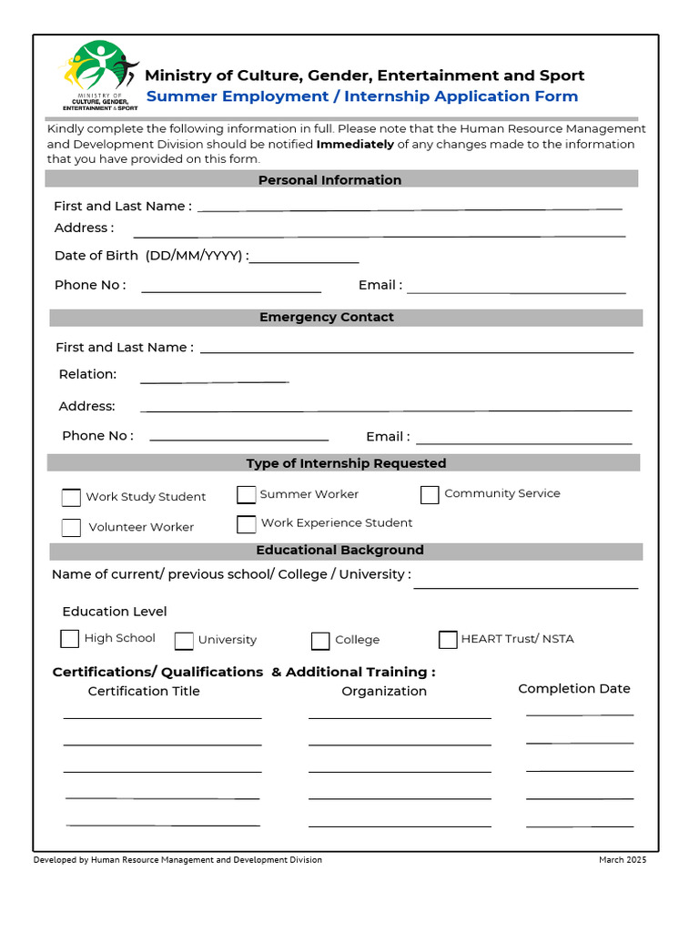 Fillable Summer Employment Application Final Form | PDF | Government And Personhood