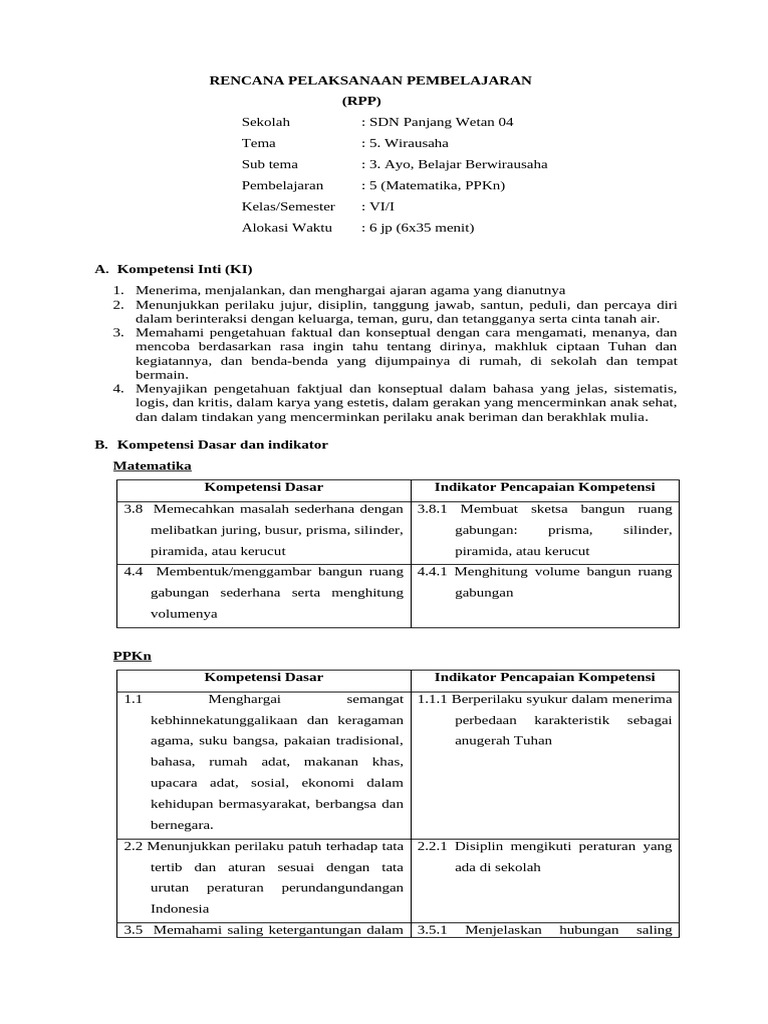 Rancangan Pembelajaran Kelas 6 | PDF