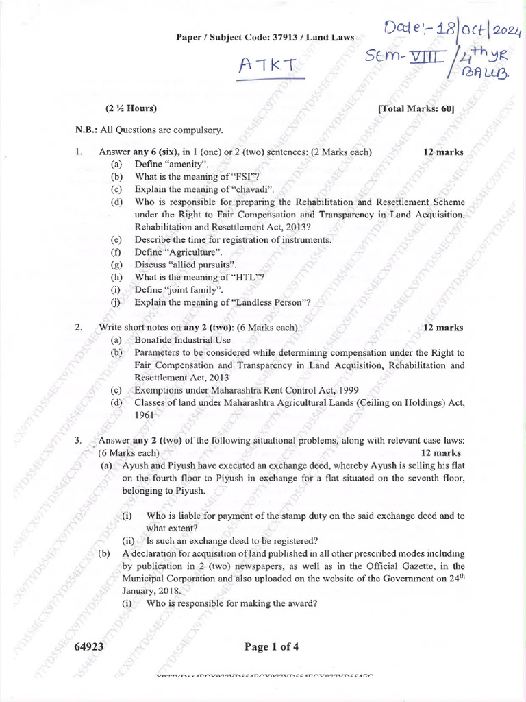 Land Laws Examination Paper | PDF | Private Law | Common Law