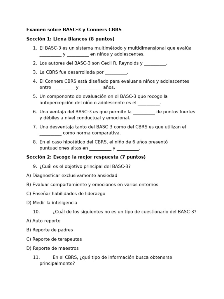 Examen BASC-3 y Conners CBRS | PDF | Las emociones | Depresión (estado ...