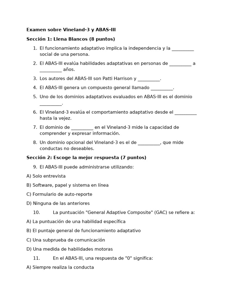 Examen sobre Vineland-3 y ABAS-III | PDF | Comportamiento | Cognición