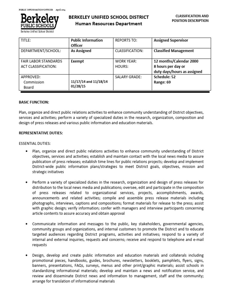 Public Information Officer Job Description | PDF | Public Relations | News