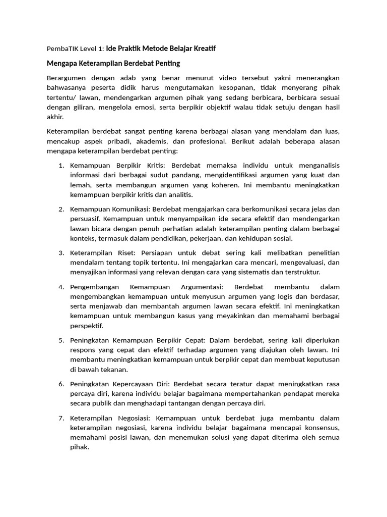 Resume Keterampilan Berdebat PembaTIK Level 1 | PDF