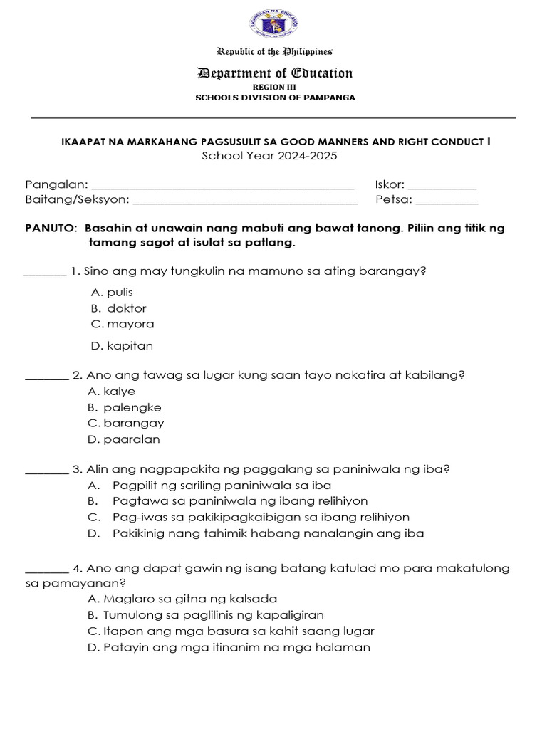 IKAAPAT NA MARKAHAN-PAGSUSULIT-GMRC-1-evaluated and Revised - 03-21 ...