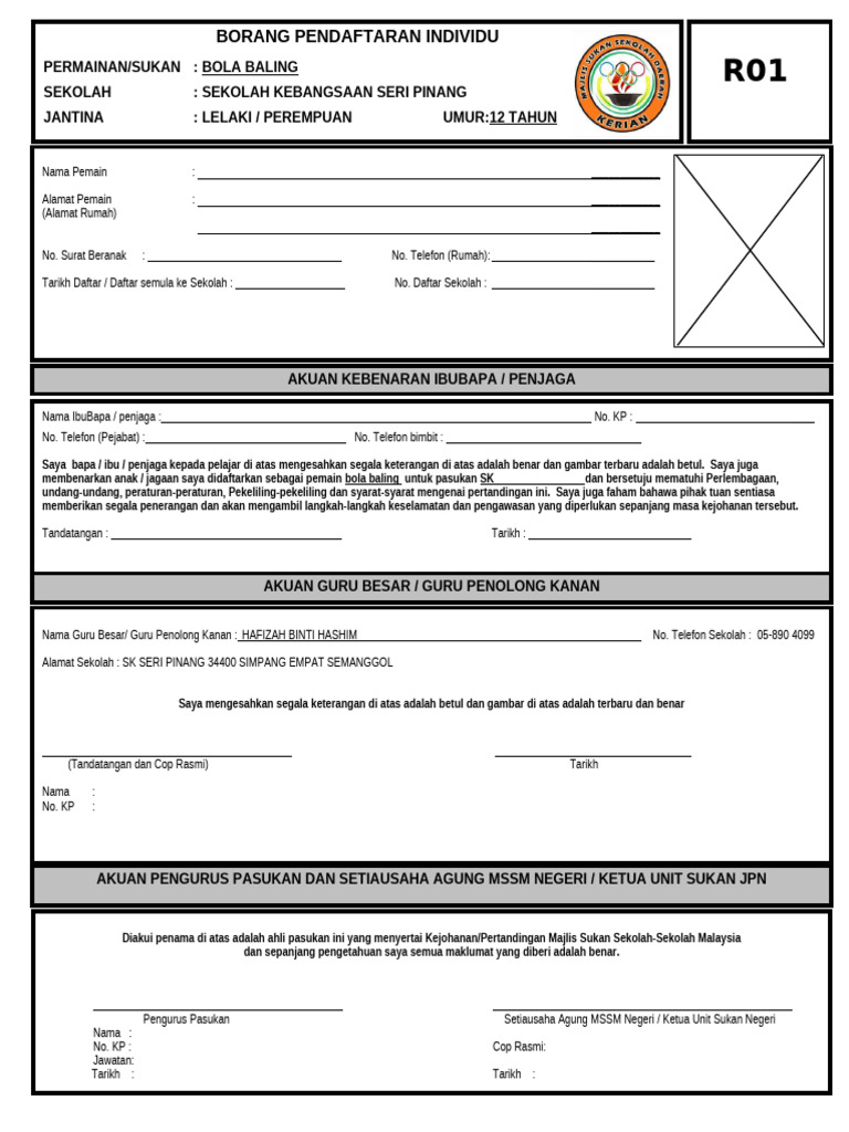 Borang R01 Pendaftaran Individu MSSD Kerian 2025 | PDF