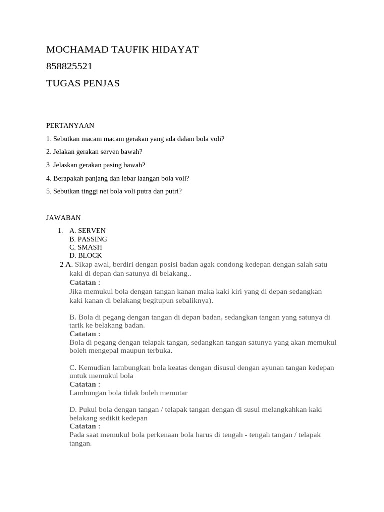 TUGAS PENJAS BOLA VOLI MOCHAMAD TAUFIK HIDAYAT | PDF