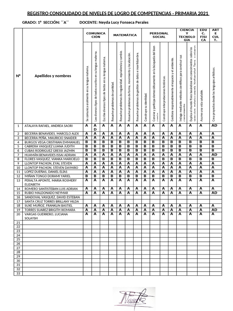 REGISTRO CONSOLIDADO DE NIVELES DE LOGRO DE COMPETENCIAS 2020_____ | PDF