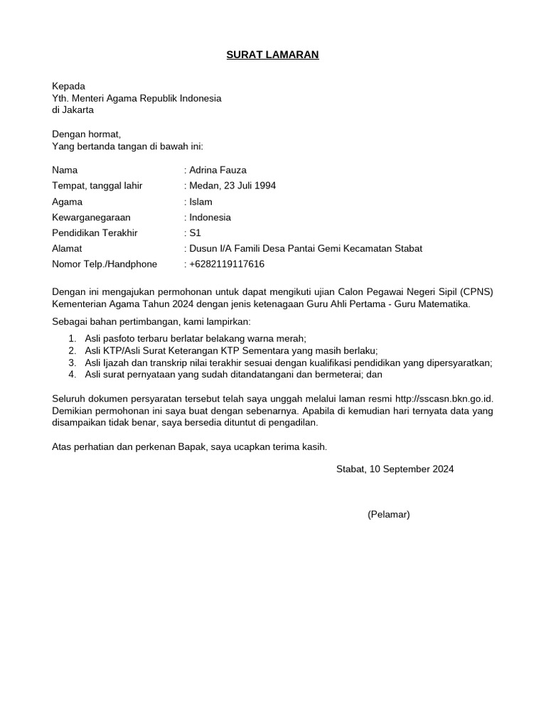 a Surat Lamaran dan Pernyataan Kemenag | PDF